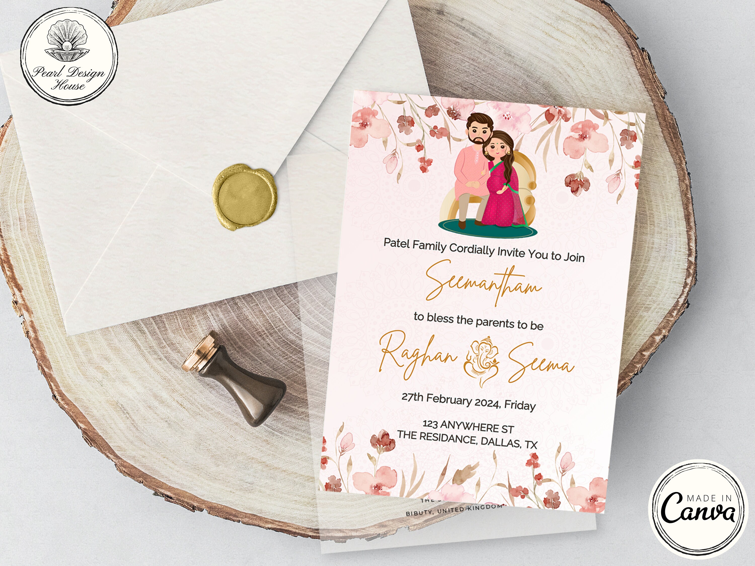 Pink Sreemantham Invite Digital Template, Editable Indian Baby Shower ...