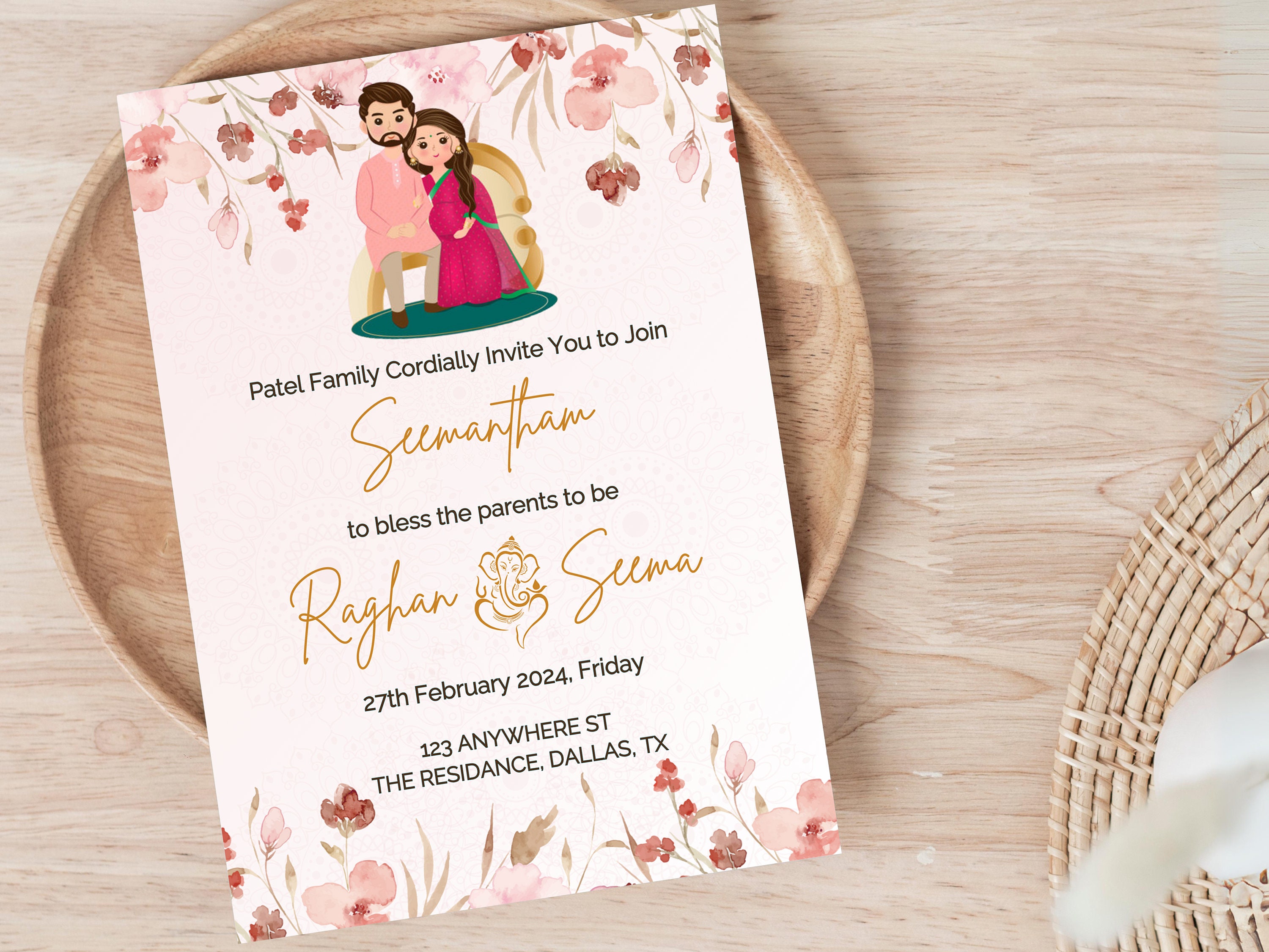 Pink Sreemantham Invite Digital Template, Editable Indian Baby Shower ...