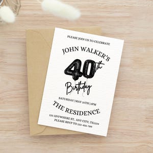 40th Birthday Invitation for Men, Editable 40th Birthday Invite Template for Men & Women ...
