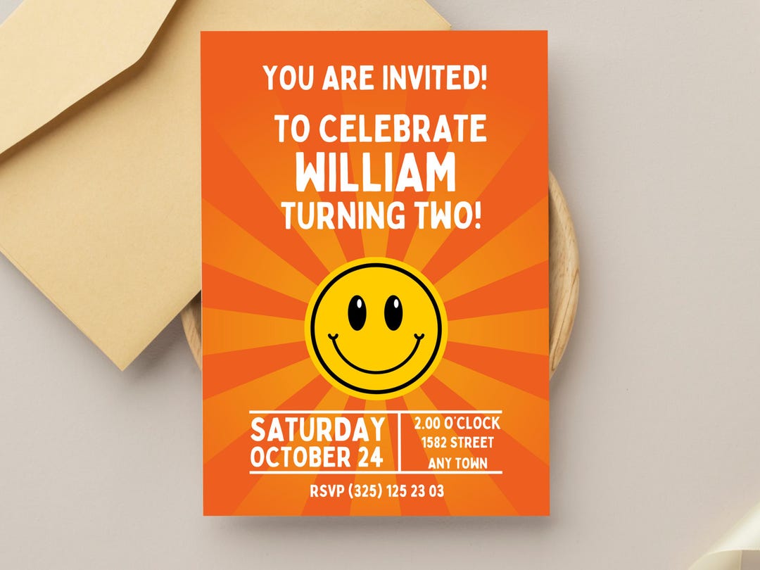Smiley Birthday Invitation, Smile Face Invite, Retro Smiley Invitation ...