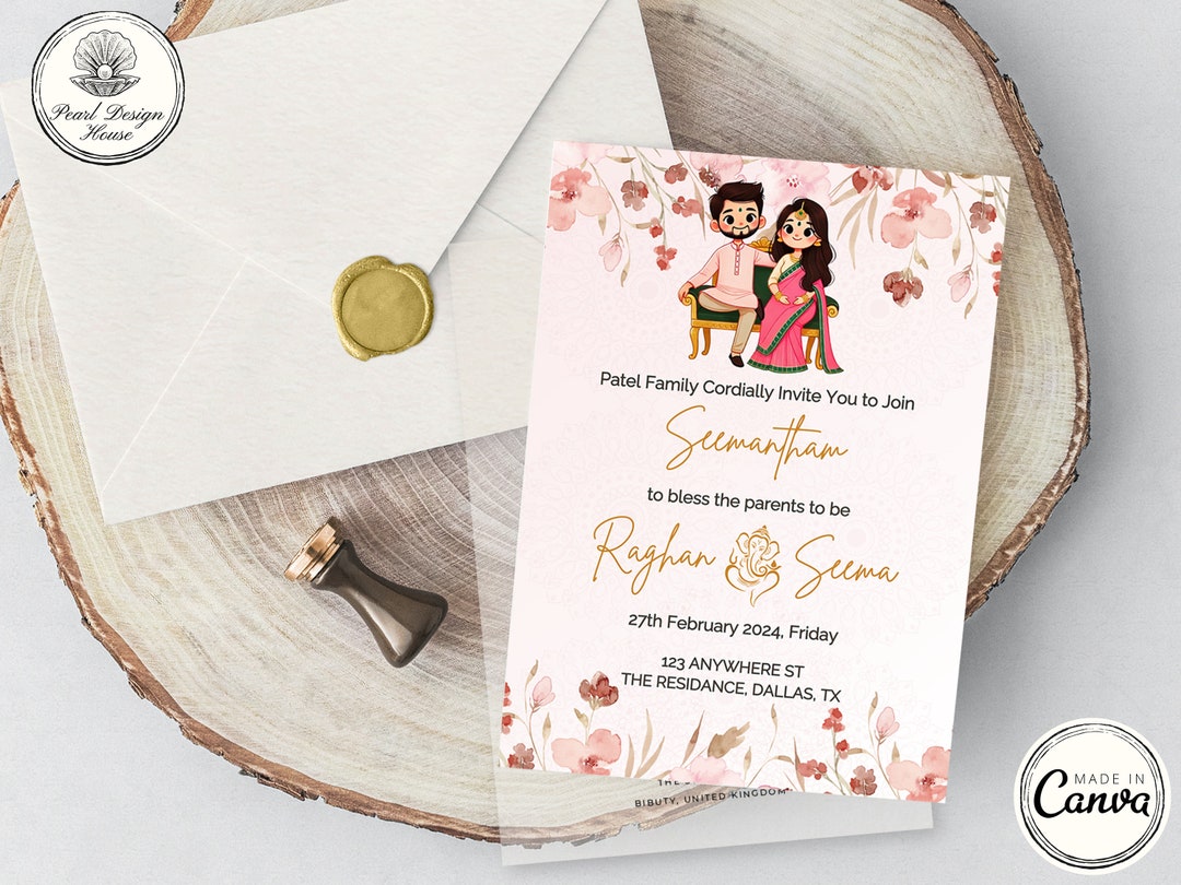 Pink Seemantham Invite Digital Template, Editable Indian Baby Shower ...