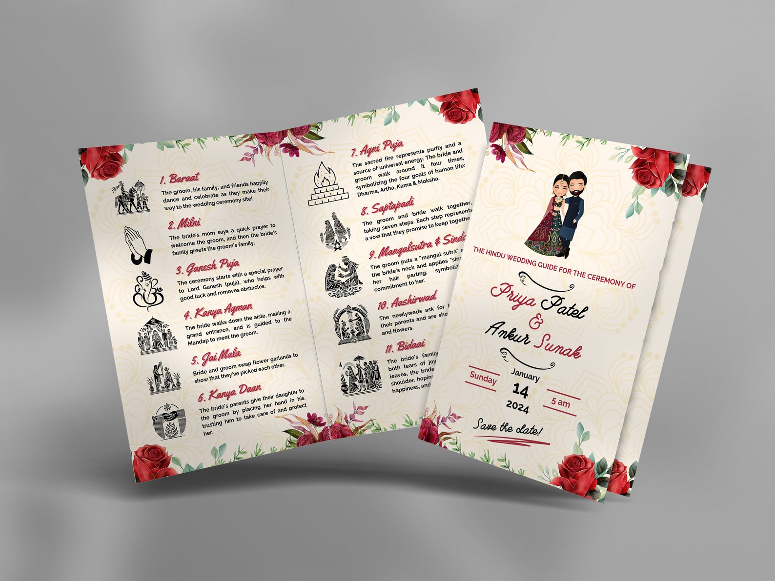 Floral Hindu Wedding Program, Gujarati Wedding Ceremony Guide, Editable ...