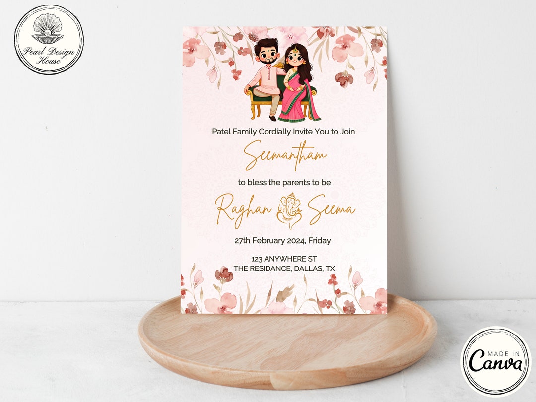 Pink Seemantham Invitatiton Digital Template, Editable Indian Baby ...