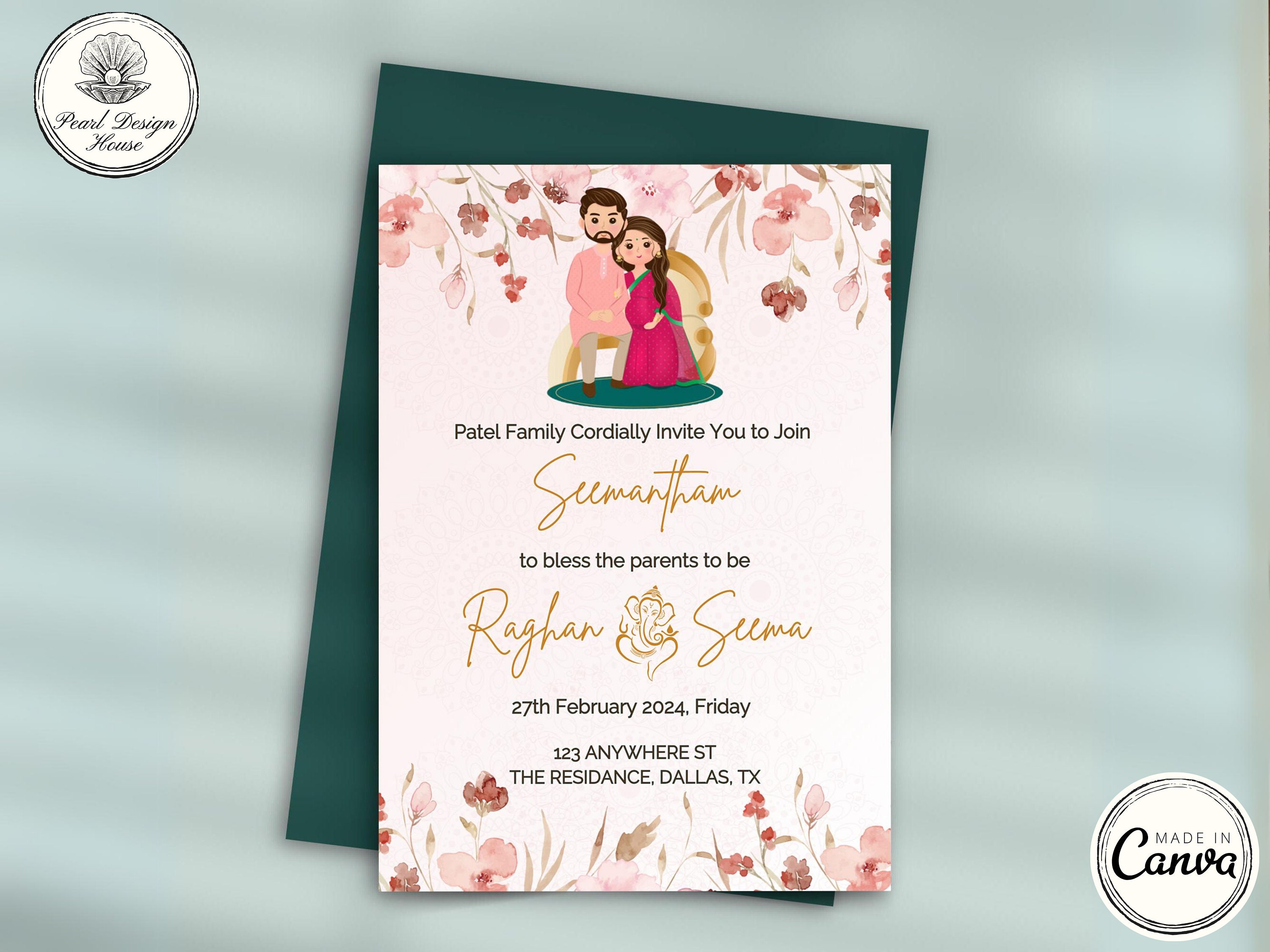 Pink Sreemantham Invite Digital Template, Editable Indian Baby Shower ...