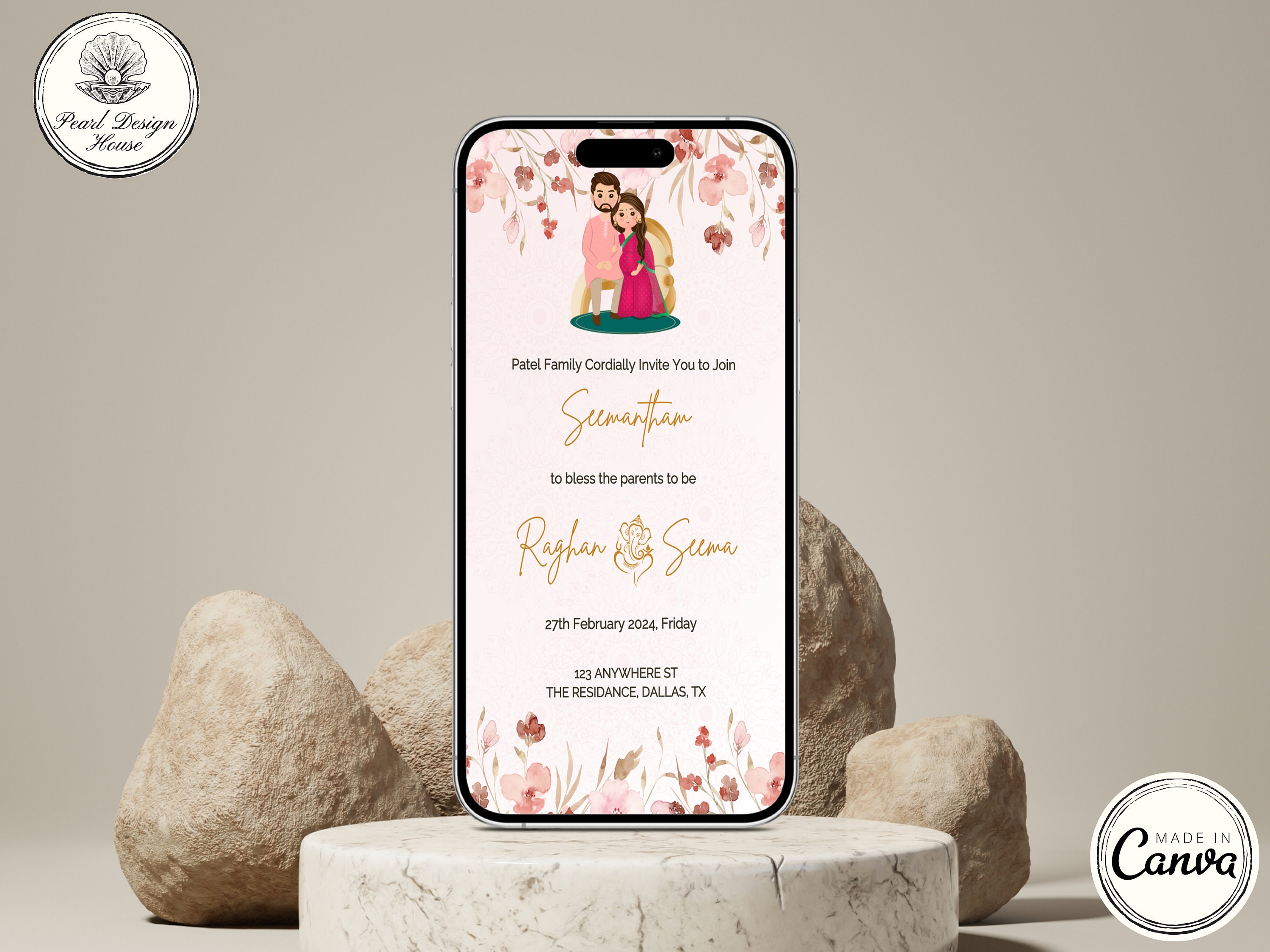 Pink Sreemantham Invite Digital Template, Editable Indian Baby Shower ...