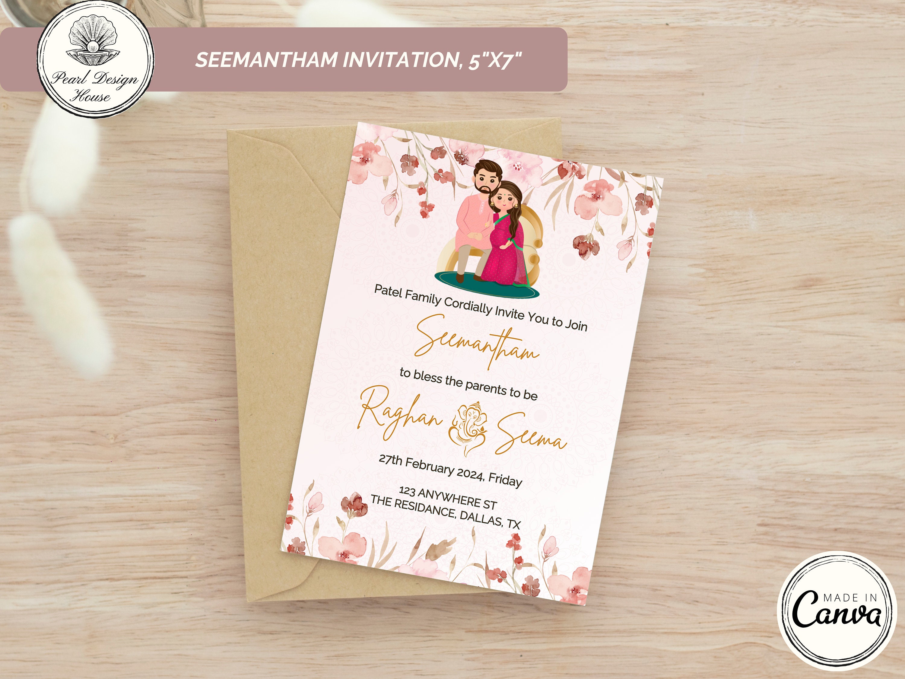 Pink Sreemantham Invite Digital Template, Editable Indian Baby Shower ...