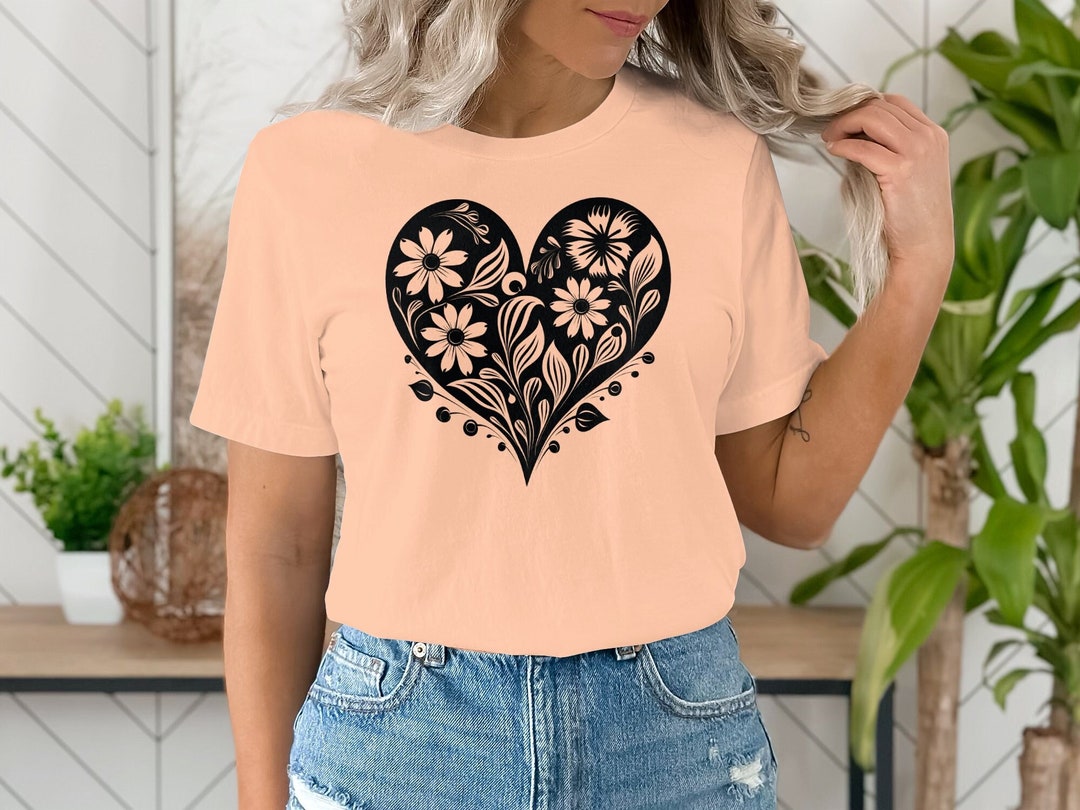 Floral Heart Design T-shirt, Black and White Love Heart Flowers Tee ...