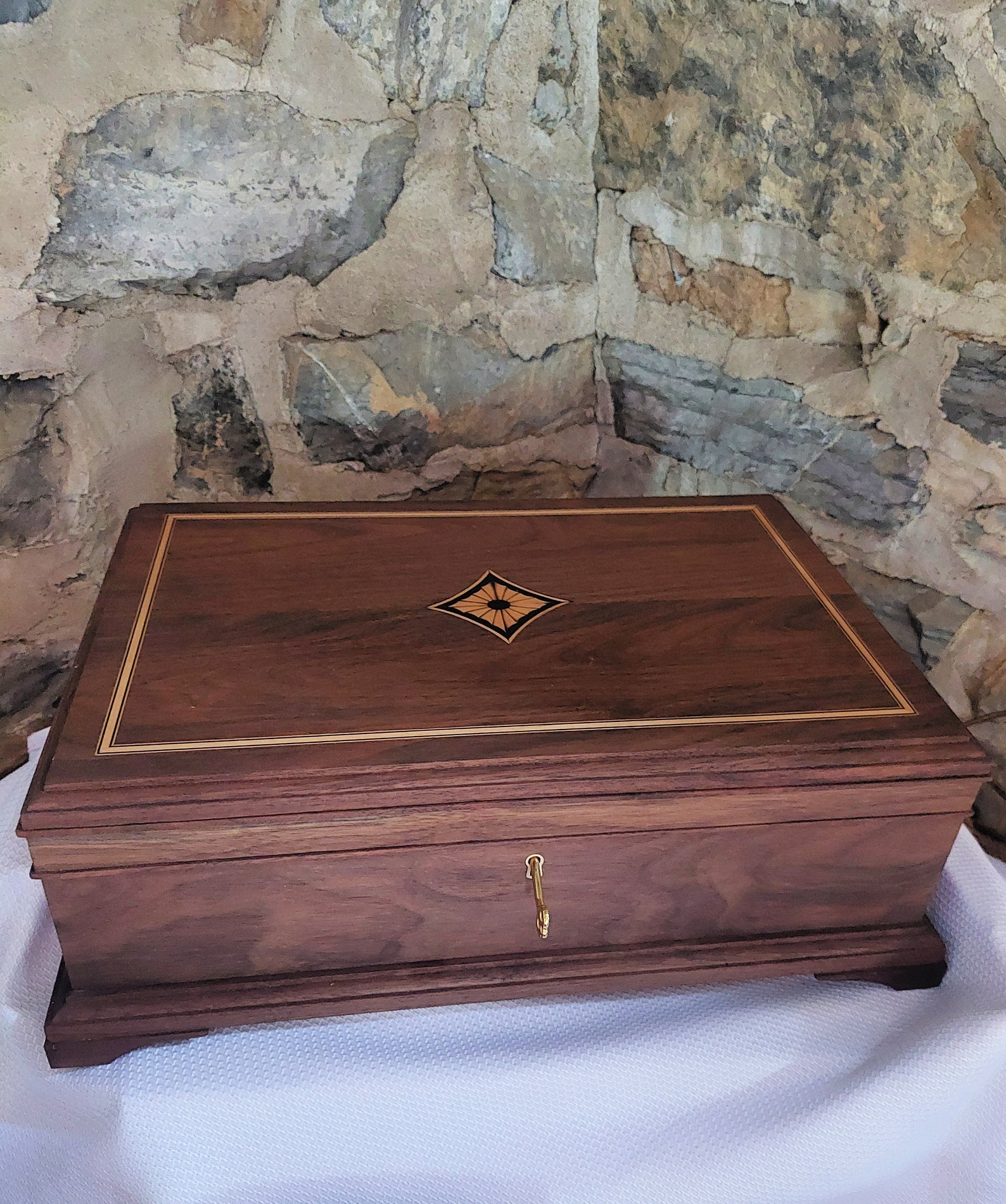 Handmade, Inlayed, Solid Walnut Jewelry Box With Mirrored and Locking ...