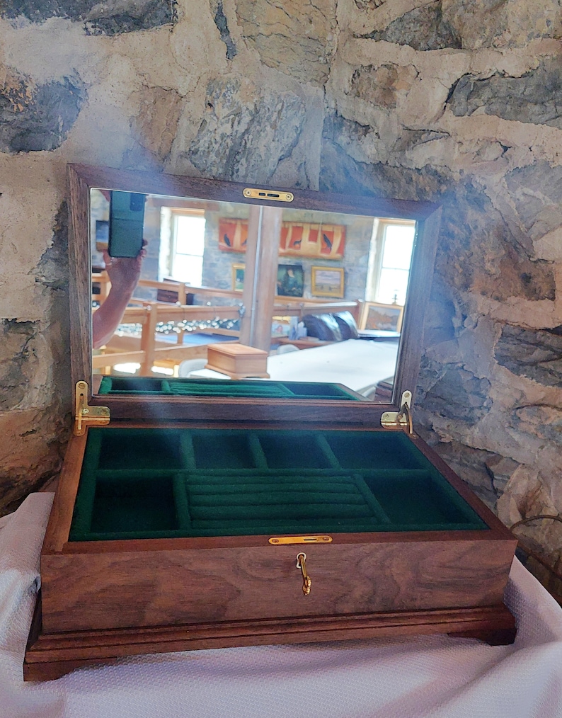 Handmade, Inlayed, Solid Walnut Jewelry Box With Mirrored and Locking ...