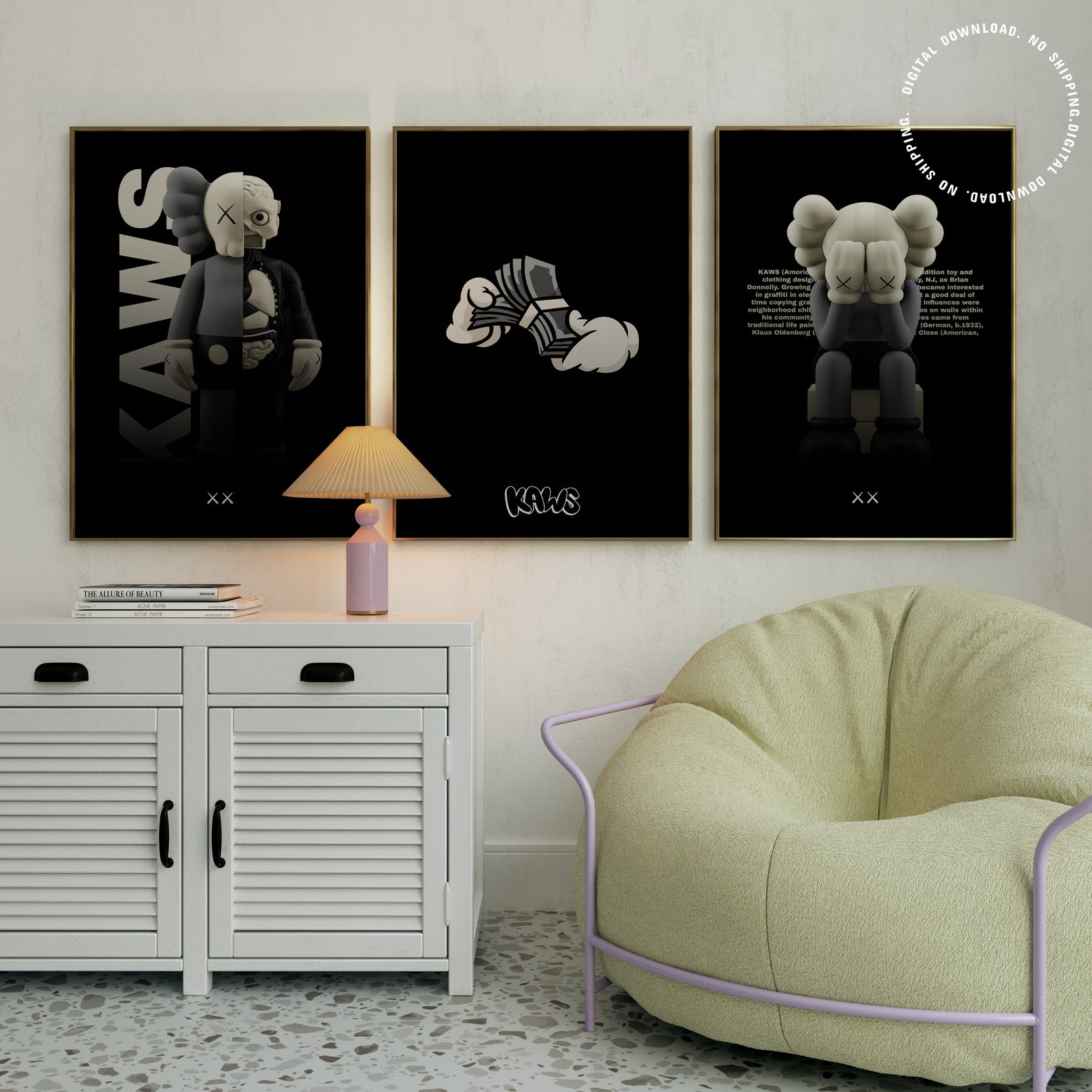Black Money Kaws Poster Set of 3 Hypebeast Figure Poster Kaws Wall Art ...