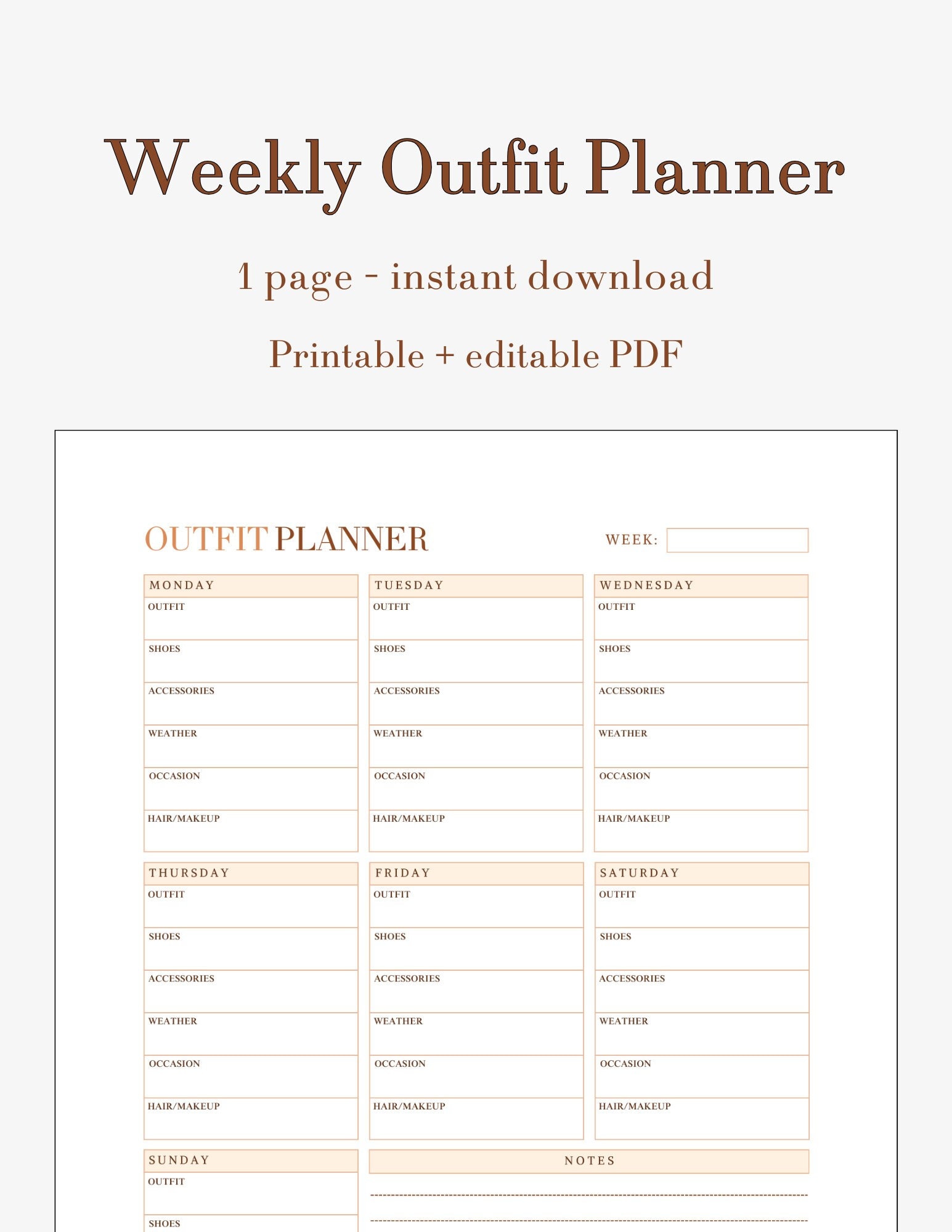 Weekly Outfit Planner | Printable PDF Download | Travel, Vacation ...