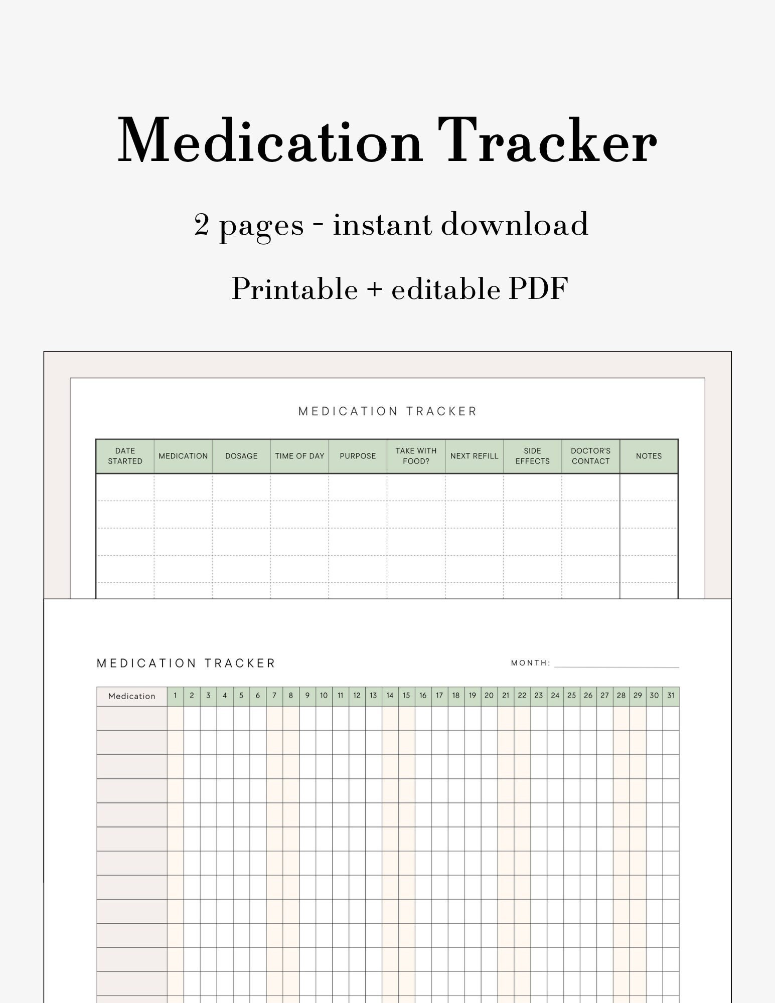 Printable Medication Tracker PDF Download Monthly Daily Editable ...