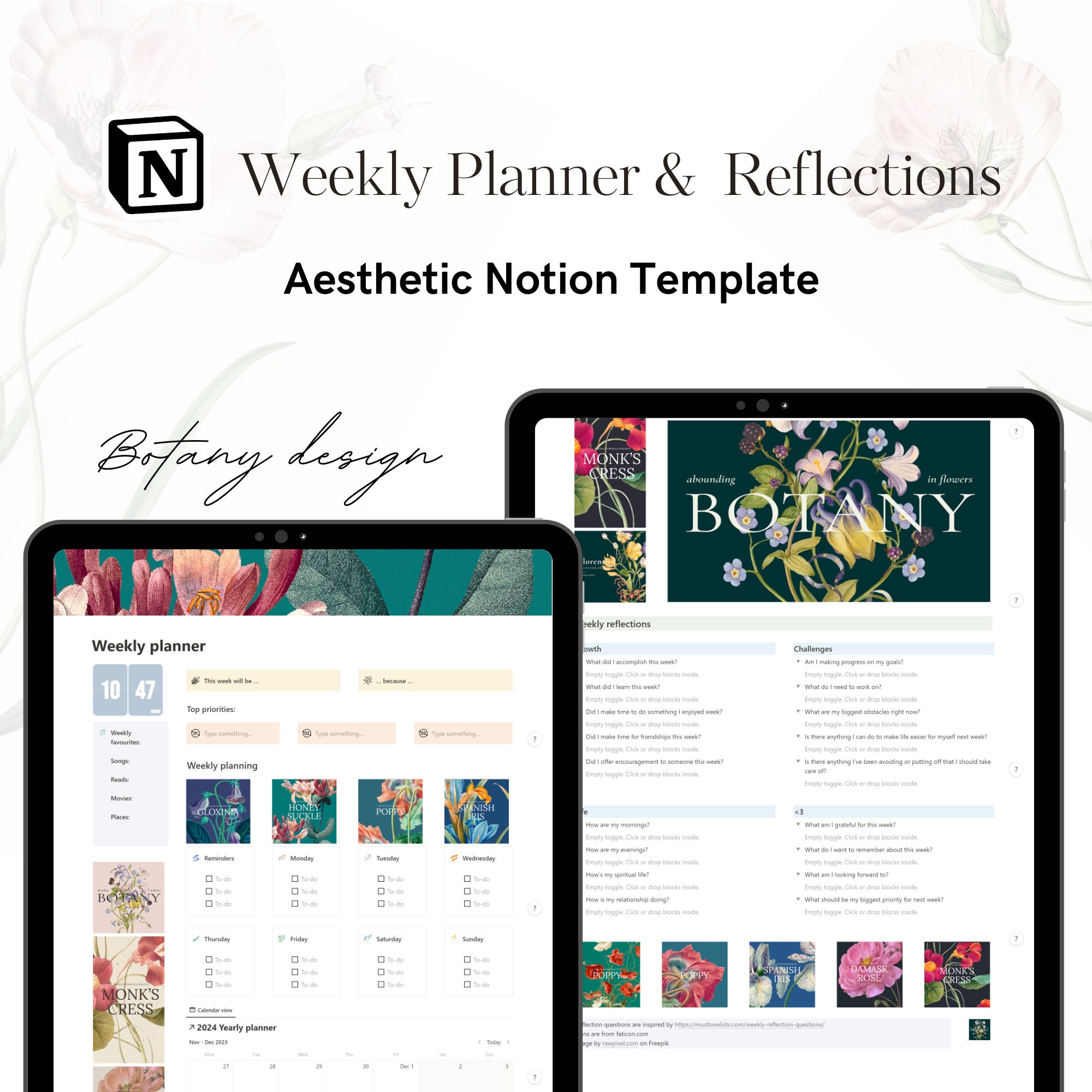 Weekly Planner & Reflections Botanical Aesthetic Notion Template ...