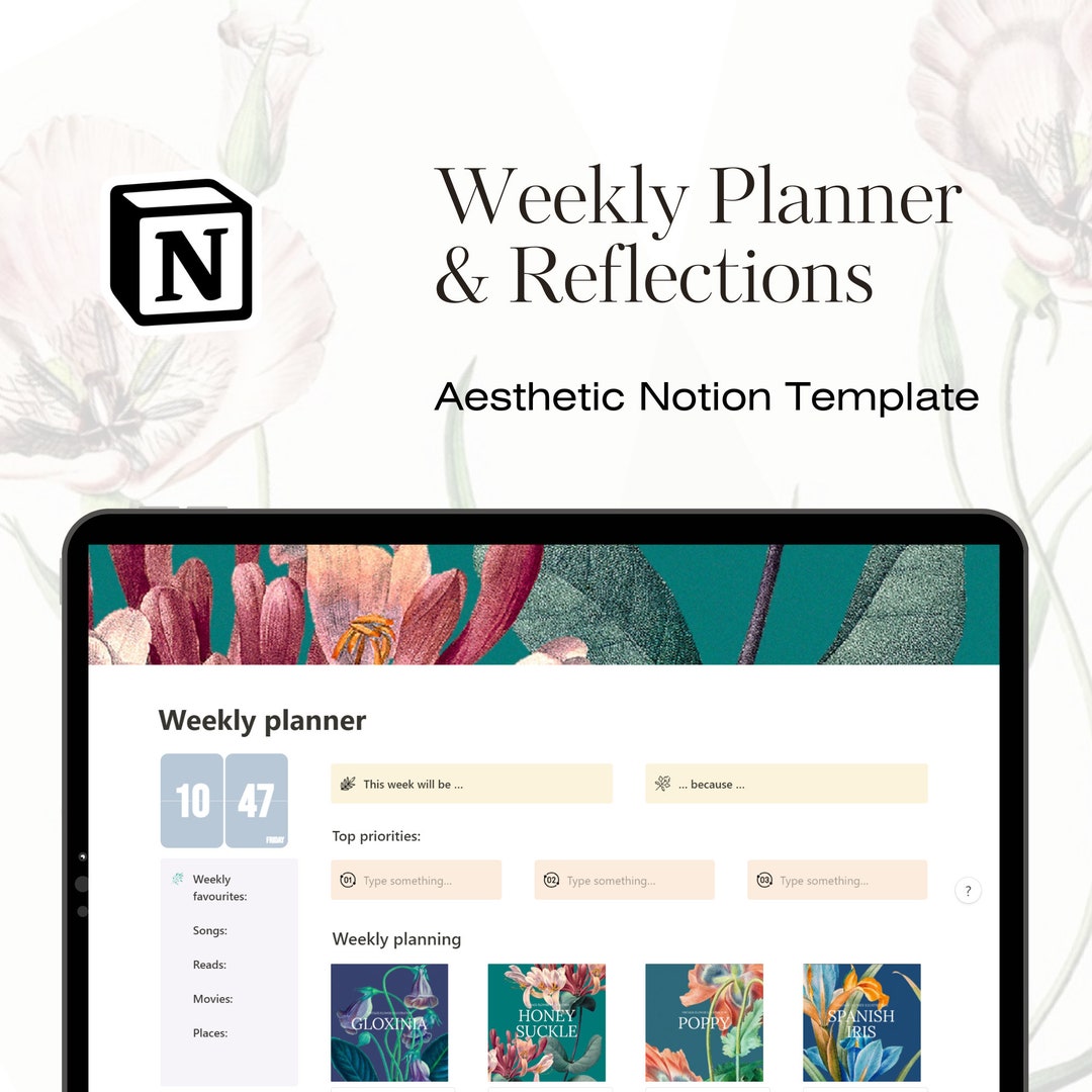 Weekly Planner & Reflections Botanical Aesthetic Notion Template, Notion Dashboard, Notion ...