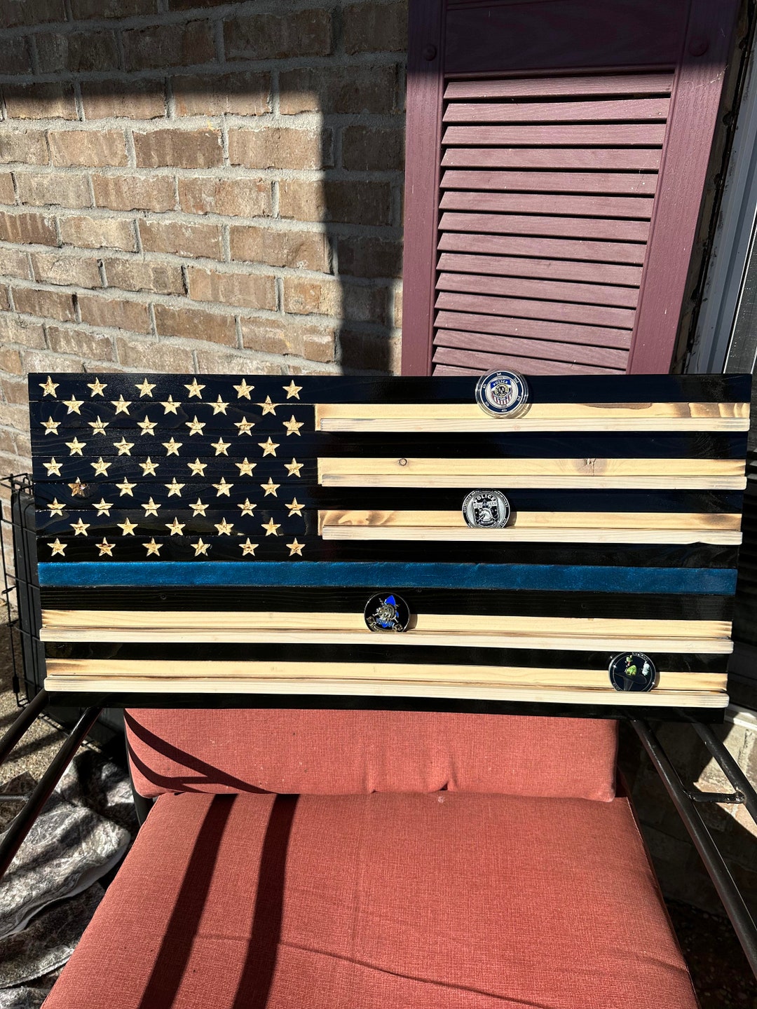 Thin Blue Line Challenge Coin Display, Wooden Thin Blue Line Flag, Thin ...