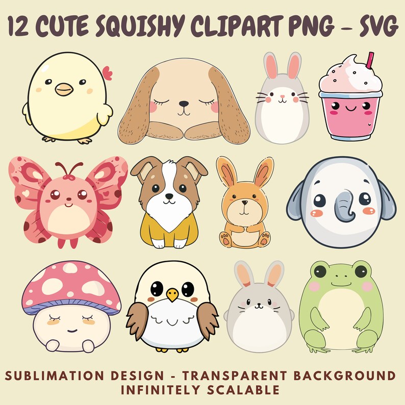 12 Clipart PNG and SVG Images of Kawaii Squishmallow Style Animals for ...