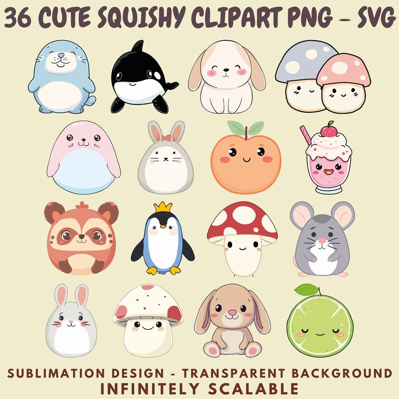 36 Clipart PNG and SVG Images of Kawaii Squishmallow Style Animals for ...