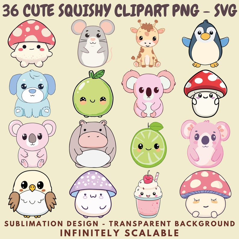 36 Clipart PNG and SVG Images of Kawaii Squishmallow Style Animals for ...