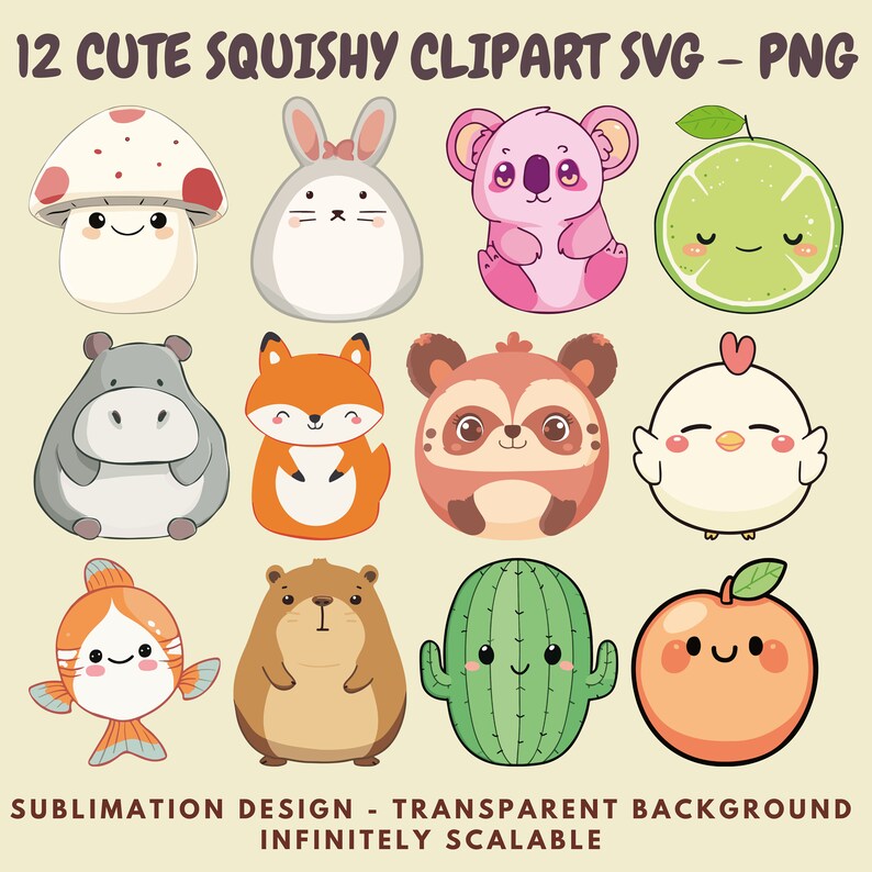 12 Clipart PNG and SVG Images of Kawaii Squishmallow Style Animals and ...