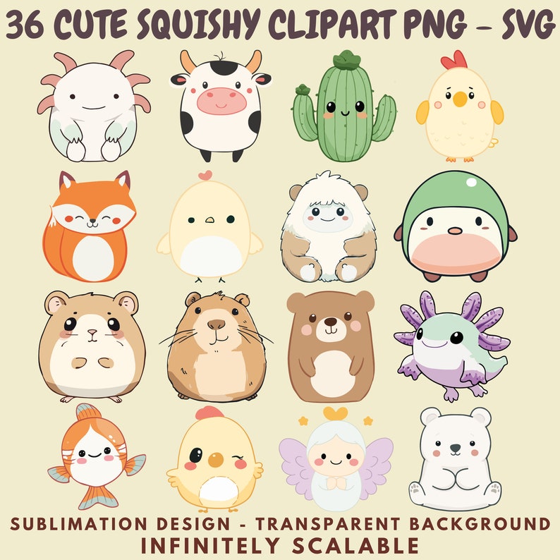 36 Clipart PNG and SVG Images of Kawaii Squishmallow Style Animals for ...