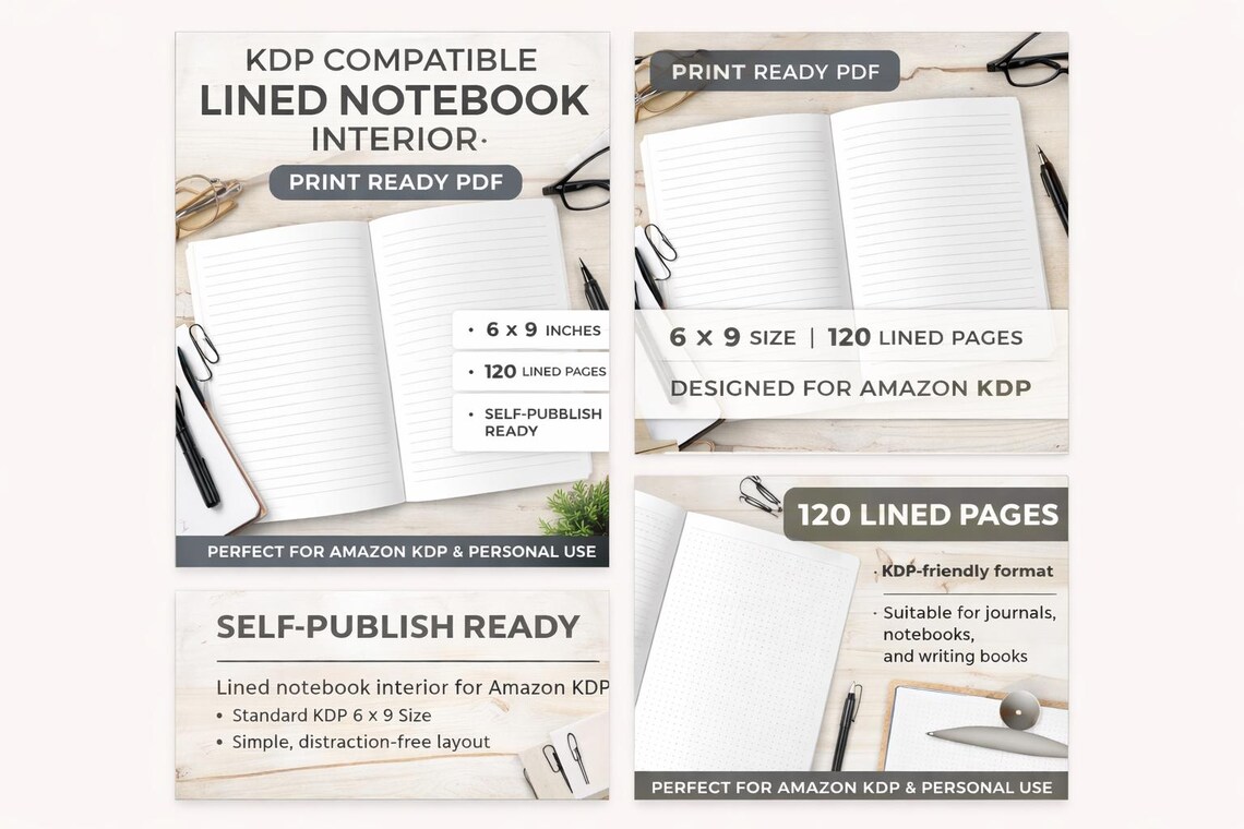 6x9 Lined Notebook Interior Pages | 120 Pages | KDP Ready | PDF Digital ...