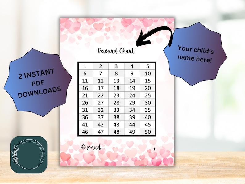 Girl's Reward Chart, Girl's Sticker Chart, Heart Chore Check-off Chart ...