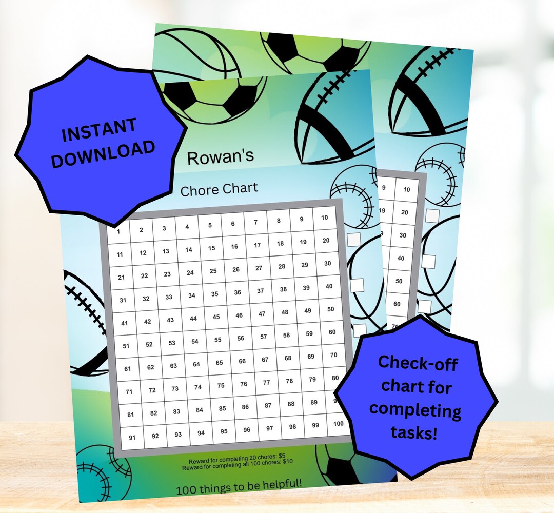 Kids Chore Check-off Chart Sports, Editable, Printable PDF, Instant ...