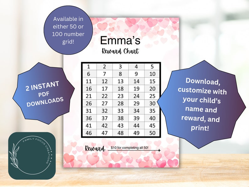 Girl's Reward Chart, Girl's Sticker Chart, Heart Chore Check-off Chart ...