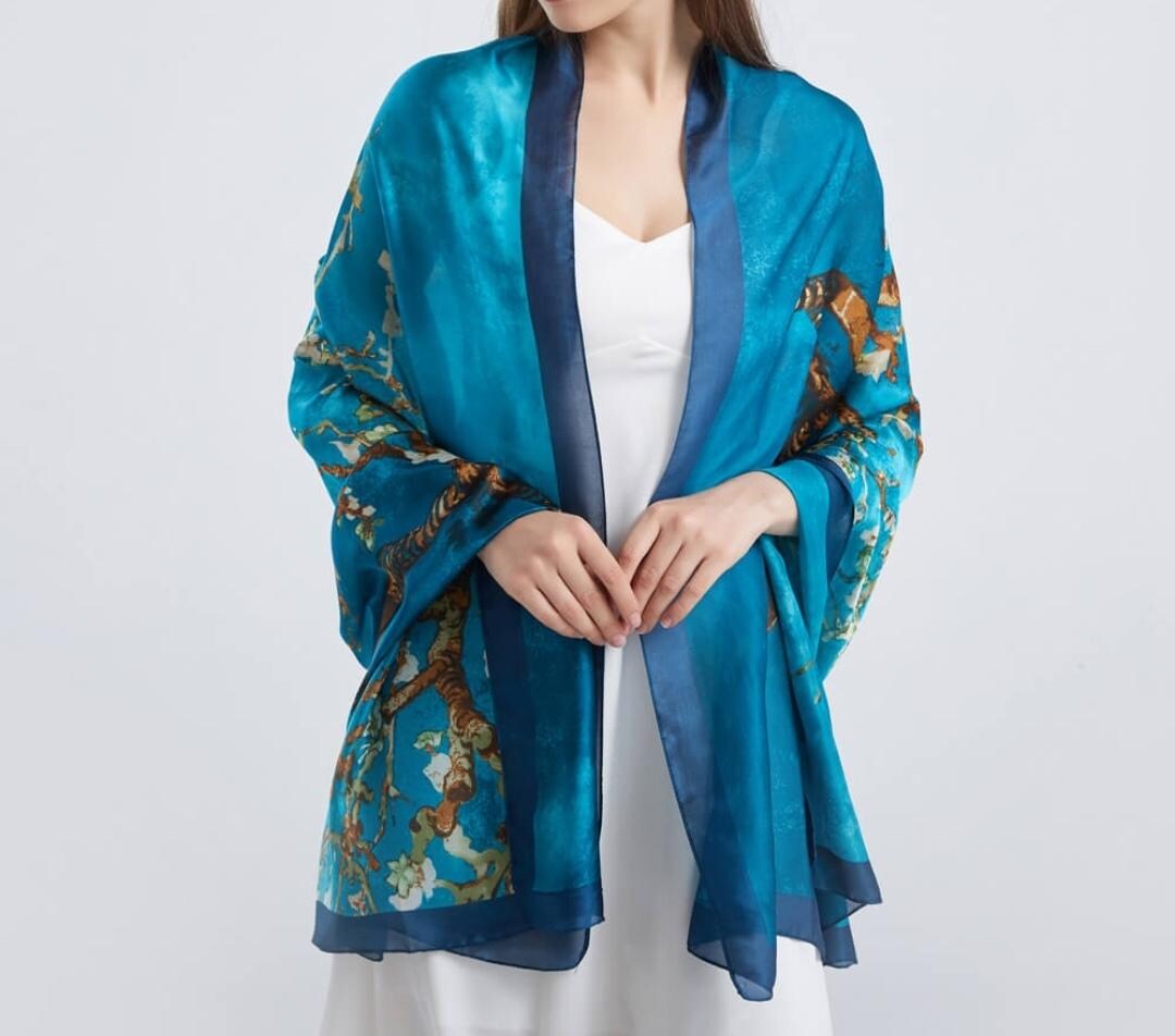 Personalized Luxury Van Gogh Almond Blossom Silk Scarf Blue. Scarves ...