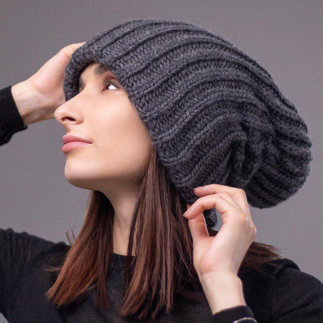 Oversized Wool Beanie Chunky Knit Thick Hat Slouchy Knit Beanie Extra ...