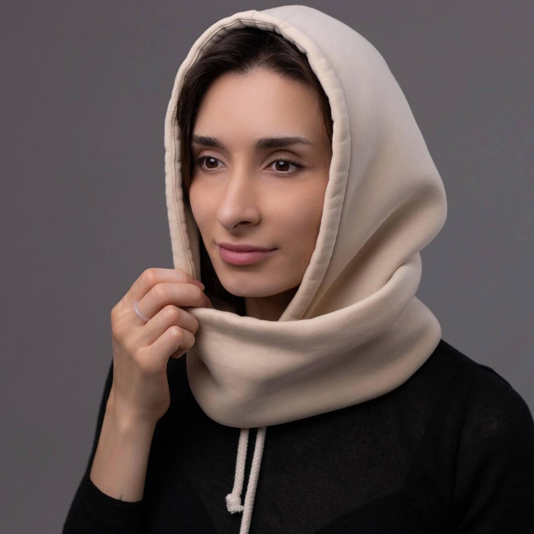 Beige Hooded Scarf, Balaclava, Fleece Hood, Hooded Cowl, Winter Warm ...