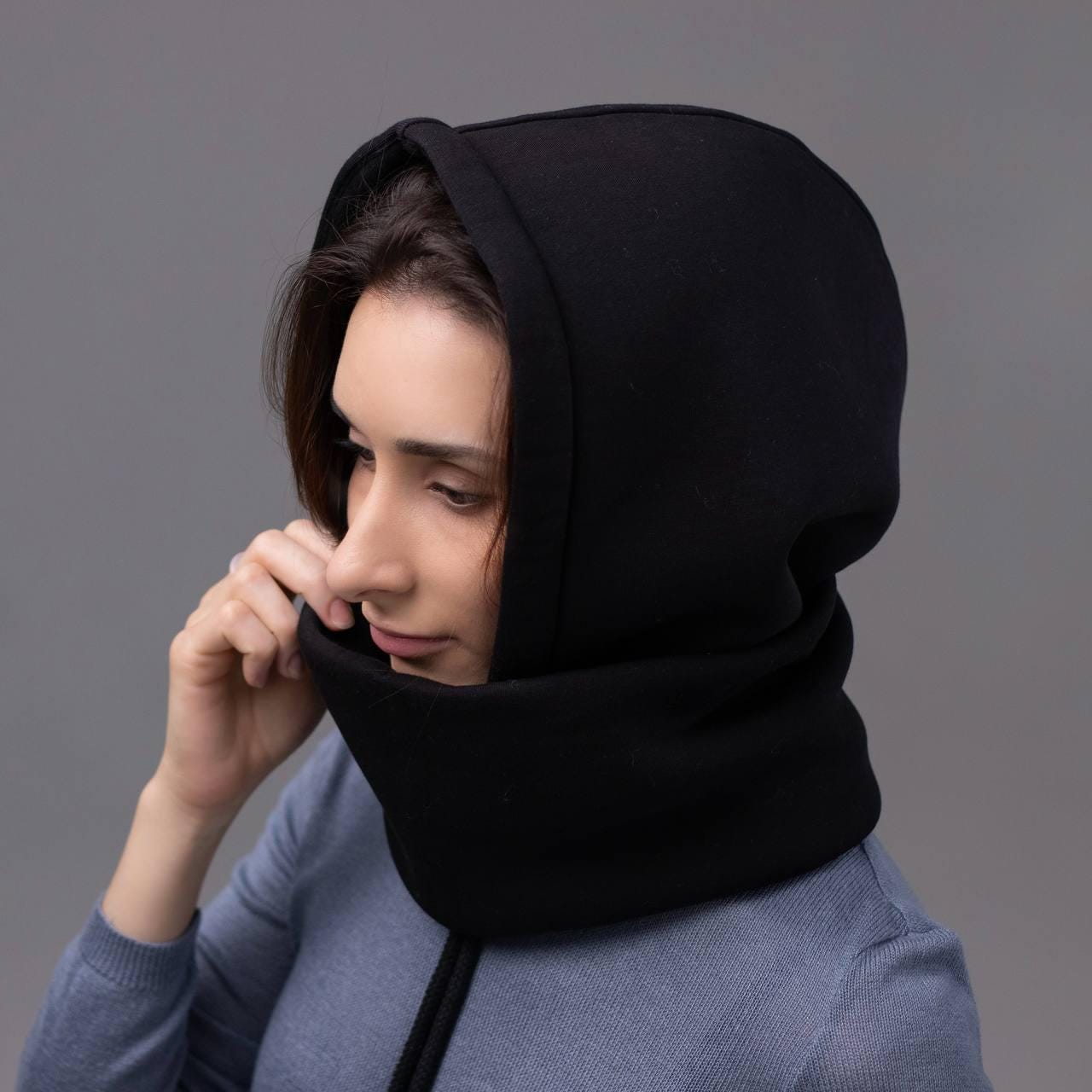 Black Hooded Scarf, Balaclava, Fleece Hood, Hooded Cowl, Winter Warm ...