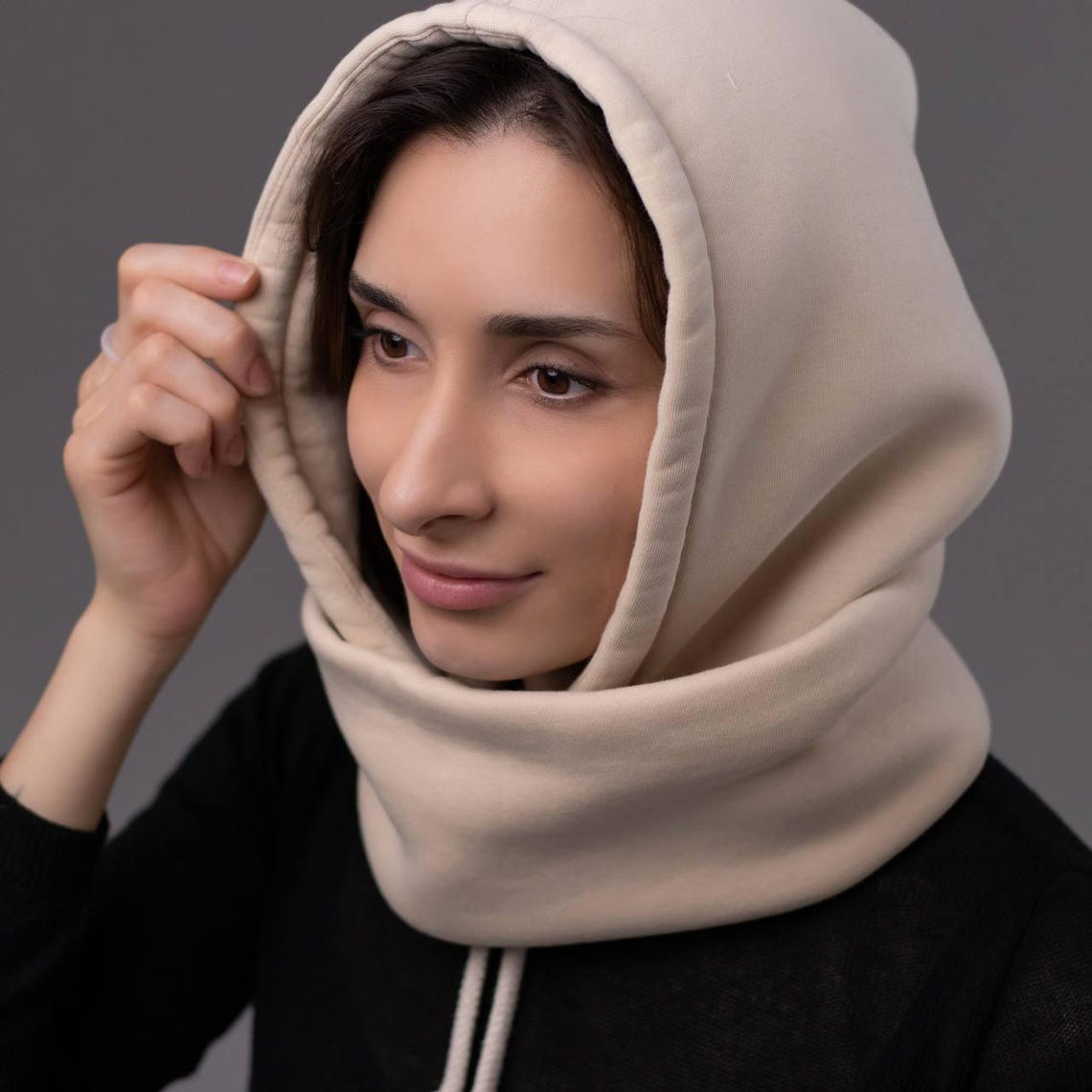 Black Hooded Scarf, Balaclava, Fleece Hood, Hooded Cowl, Winter Warm ...