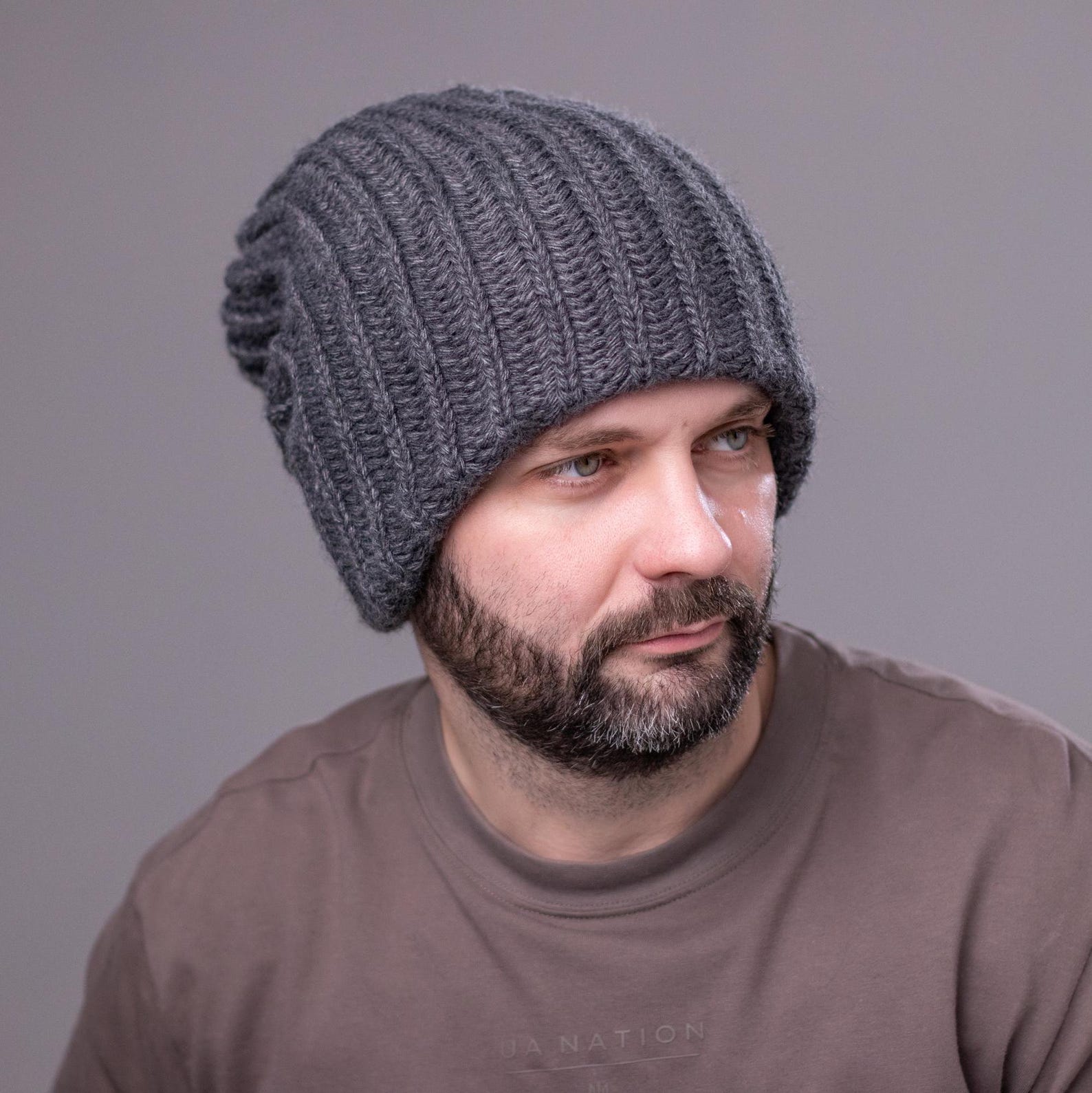 Slouchy Knit Hat for Men Oversized Wool Beanie Warm Thick Hat Extra ...