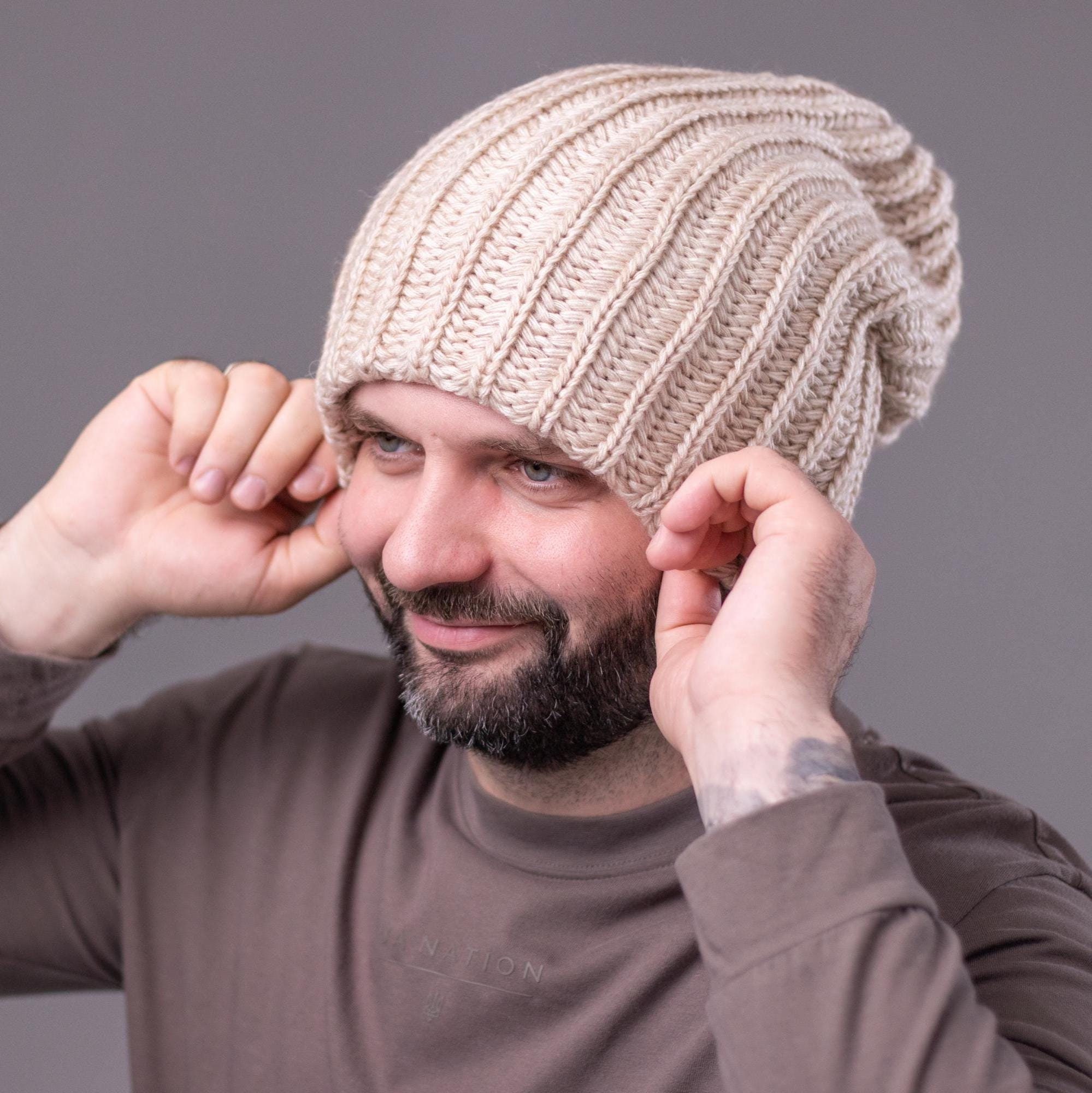 Slouchy Knit Hat for Men Oversized Wool Beanie Warm Thick Hat Extra ...