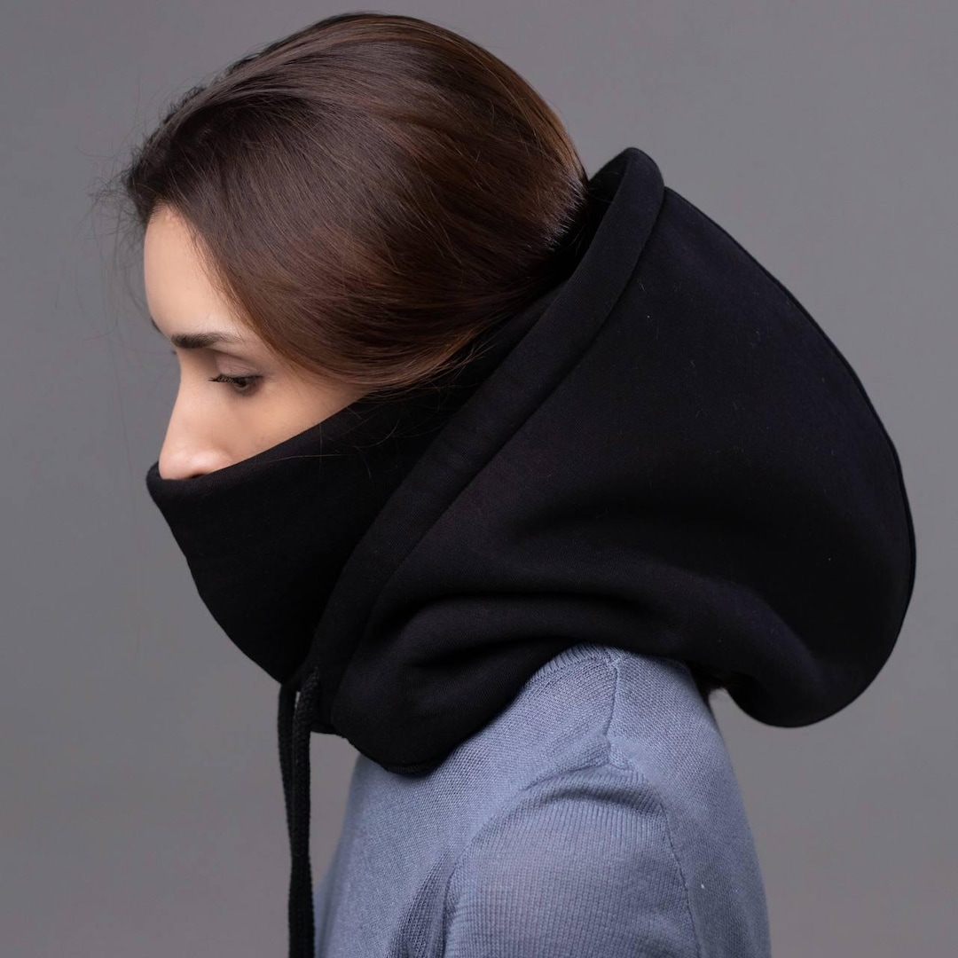 Black Hooded Scarf, Balaclava, Fleece Hood, Hooded Cowl, Winter Warm ...
