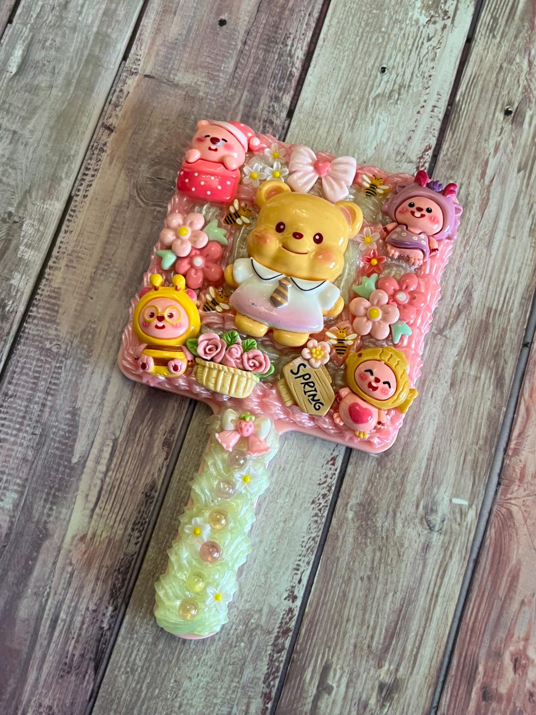 Kawaii Decoden Mirror: Handmade Bear & Spring Decor (6 Inch) - Etsy