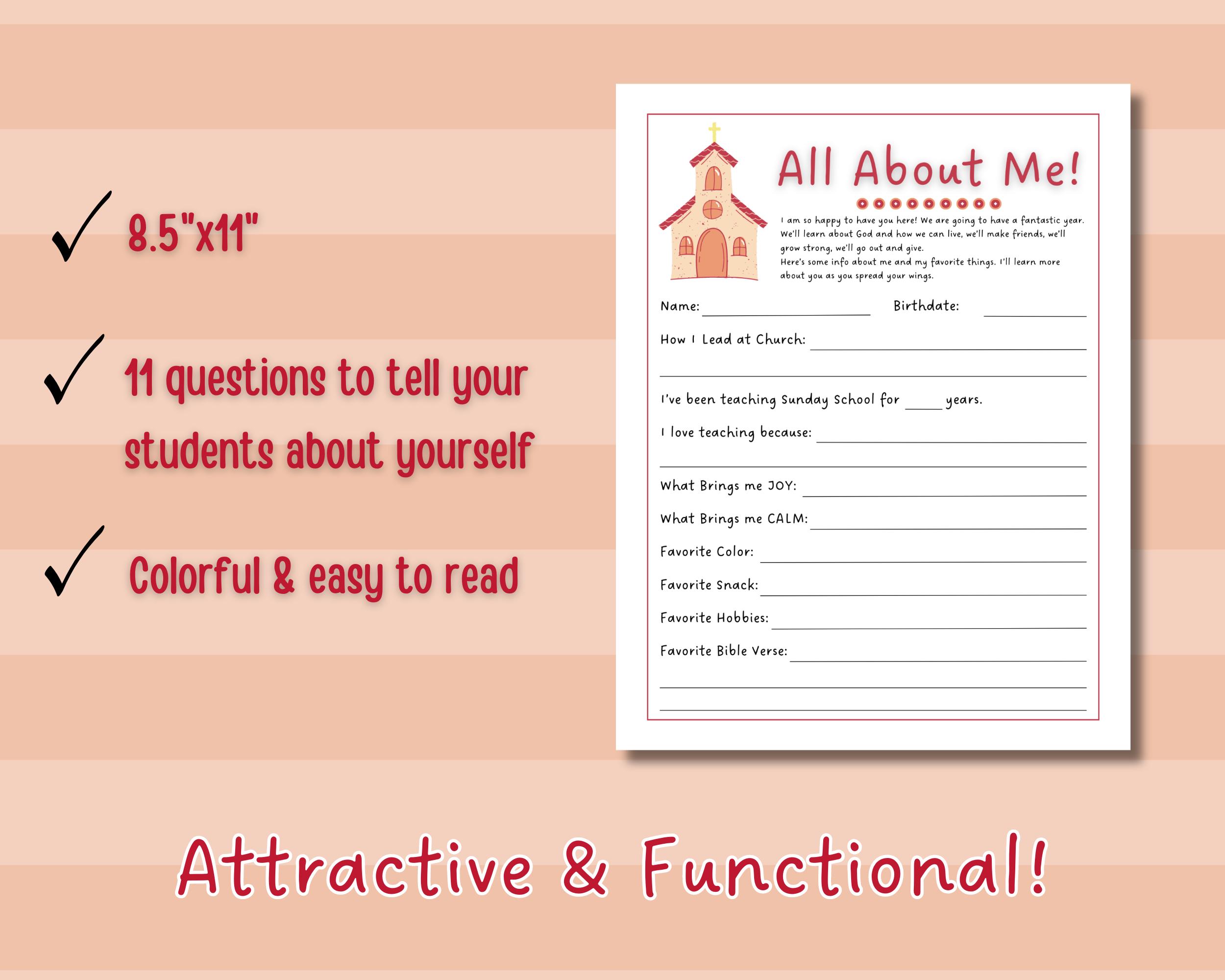 All About Me Sunday School Teacher Worksheet, Church Children's ...