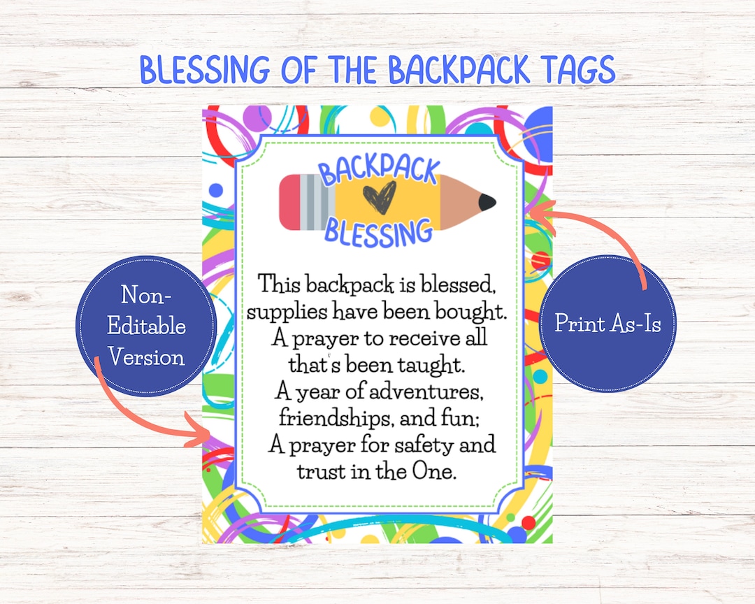 No Edit Blessing of the Backpack Tag, School Year Prayer Poem for ...