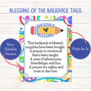 No Edit Blessing of the Backpack Tag, School Year Prayer Poem for ...