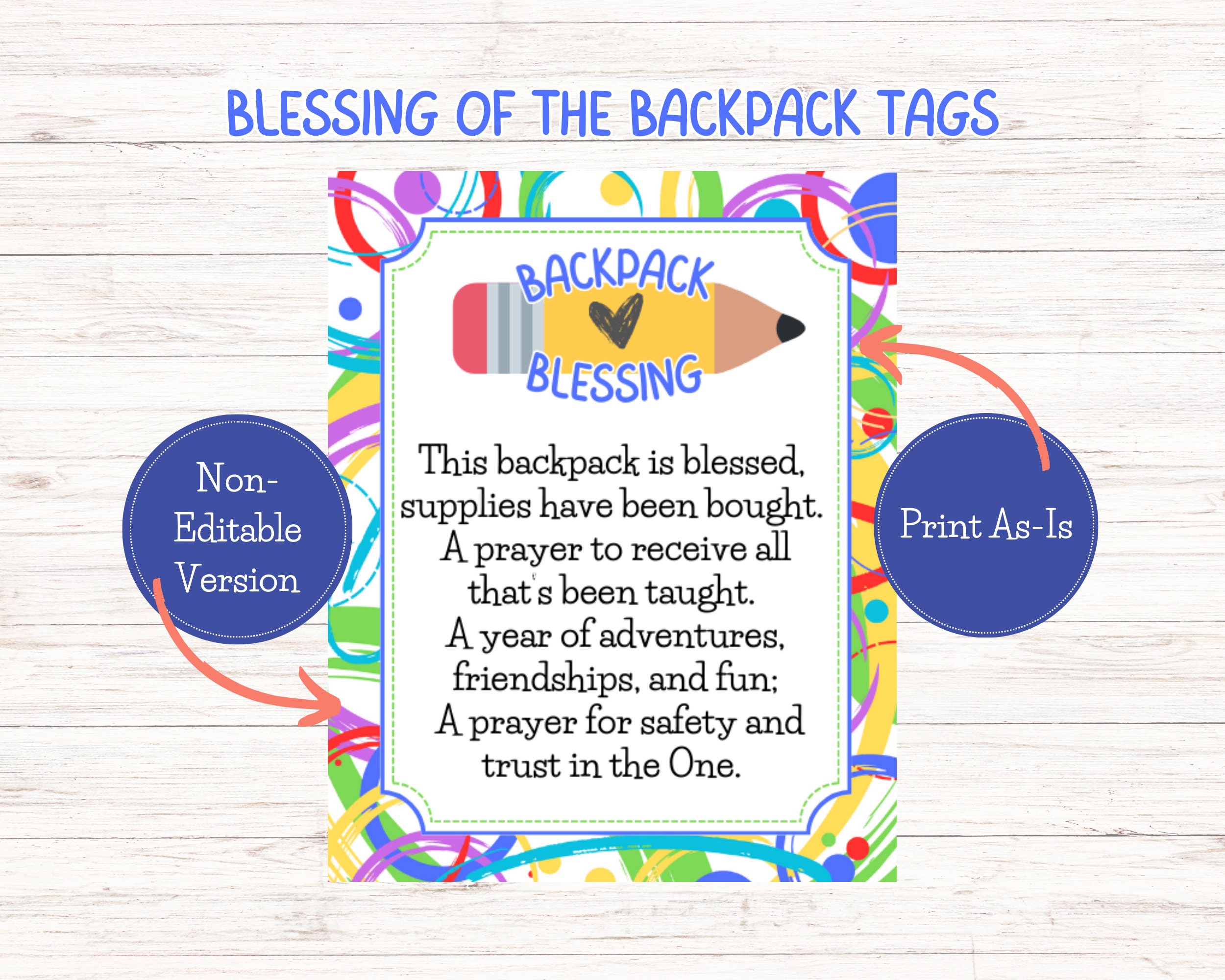 No Edit Blessing of the Backpack Tag, School Year Prayer Poem for ...