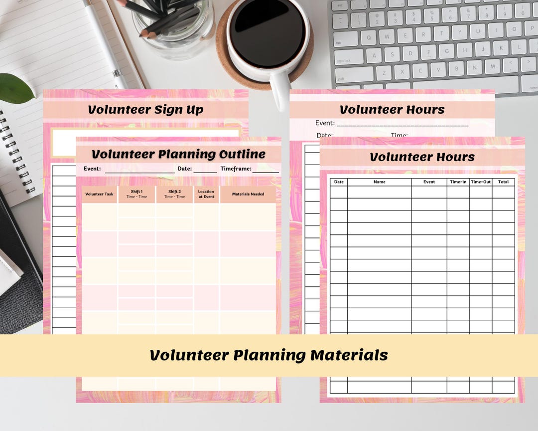 Volunteer Planning Printable, Tasks Shifts Materials, Event Hours Log ...