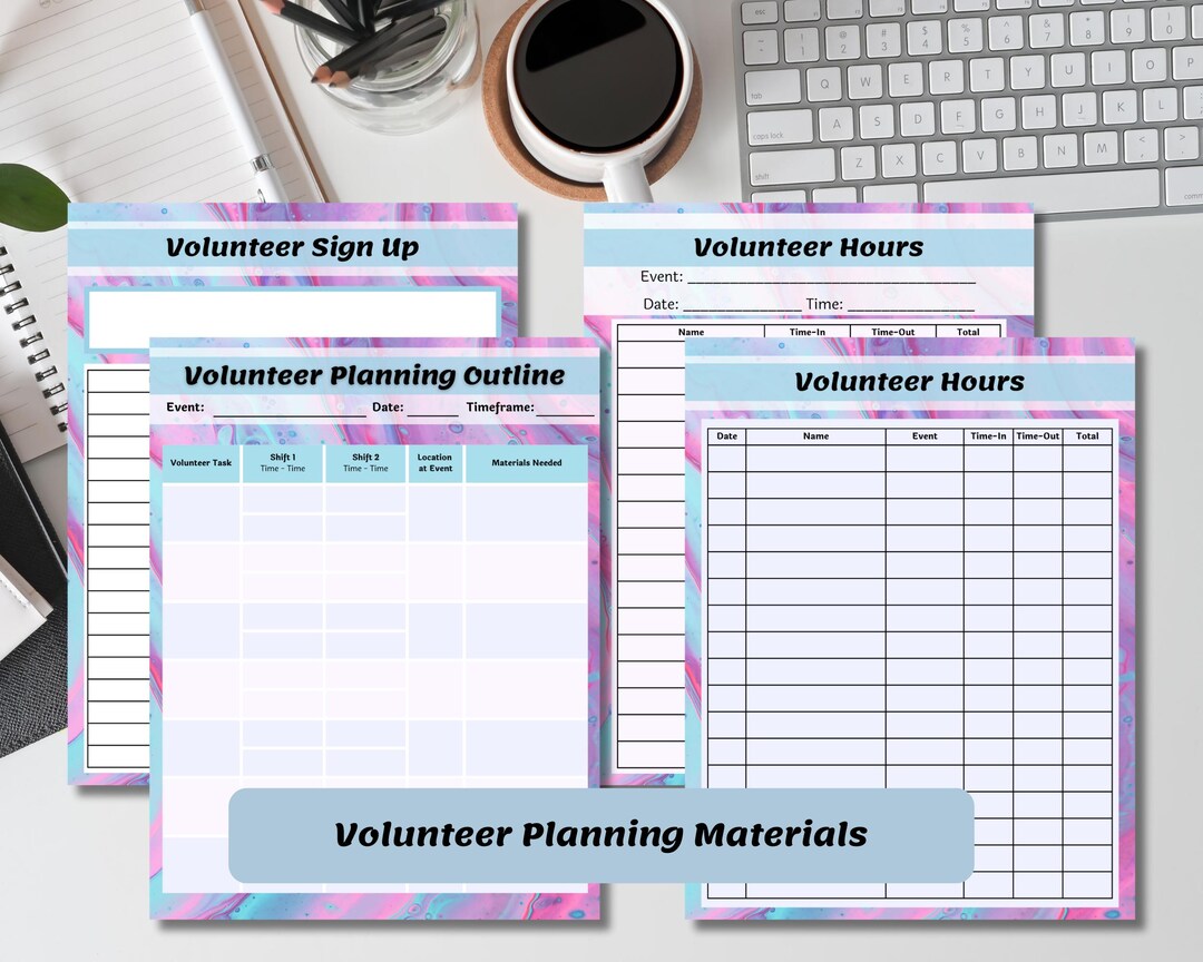 Volunteer Planning Printable, Tasks Shifts Materials, Event Hours Log ...