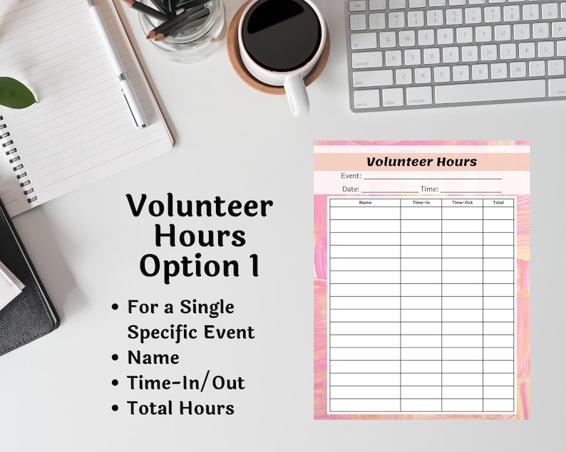 Volunteer Planning Printable, Tasks Shifts Materials, Event Hours Log ...