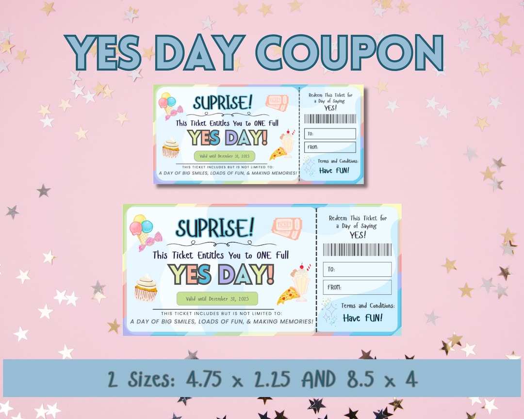 Yes Day Coupon Voucher, Printable Yes Day Ticket, Fun Day Gift ...
