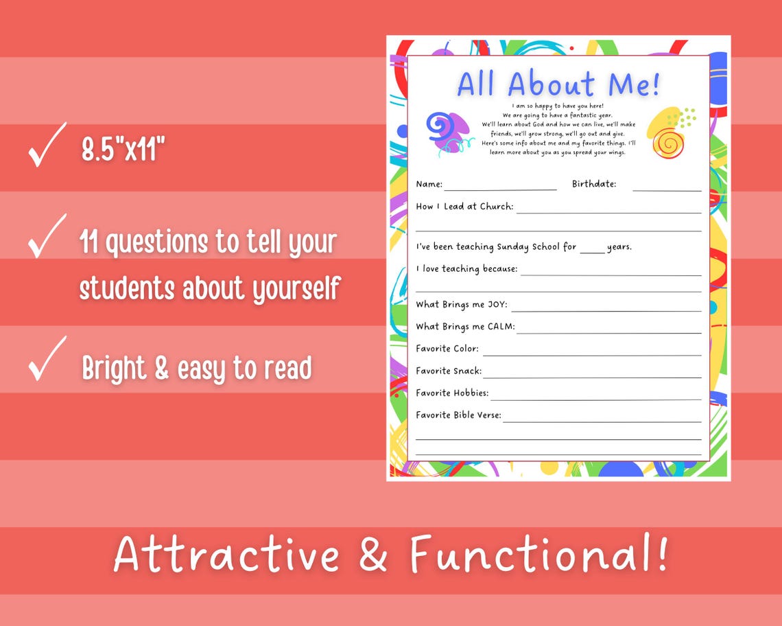 All About Me Sunday School Teacher Worksheet, Church Children's ...