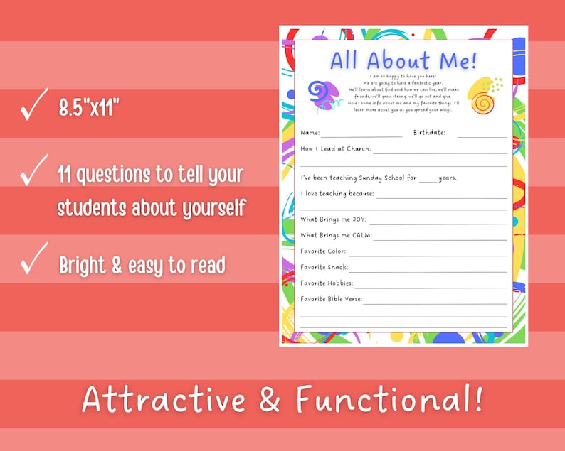 All About Me Sunday School Teacher Worksheet, Church Children's ...
