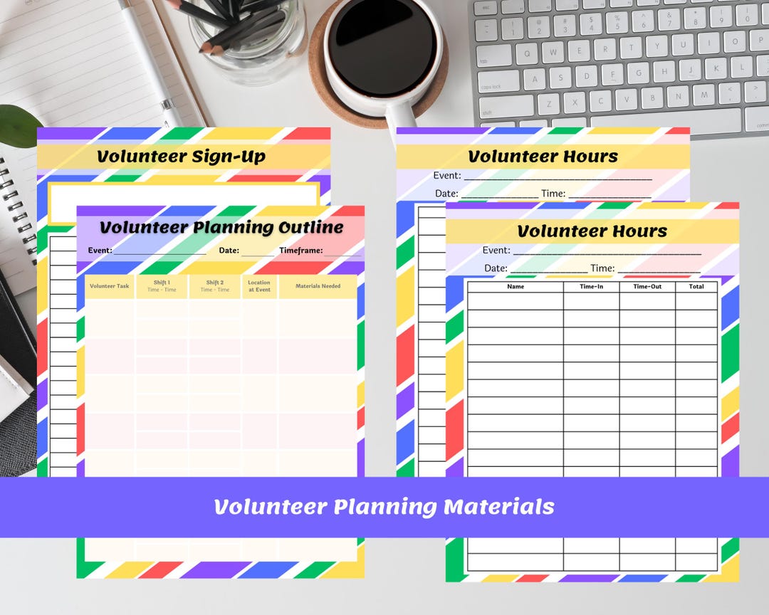 Volunteer Planning Printable, Tasks Shifts Materials, Event Hours Log ...