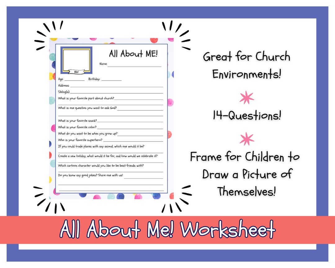 All About Me Worksheet, Sunday School, Back to School Church Event ...