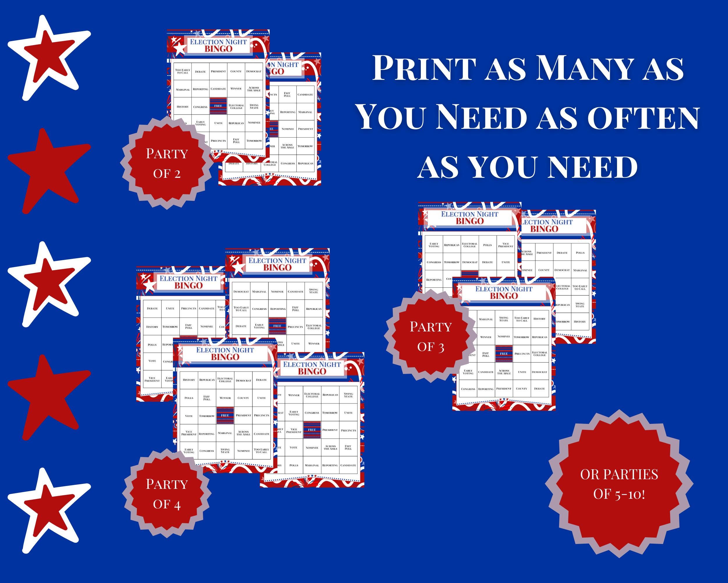 Election Night Bingo Cards, Republican, Democrat, Election Watch Party ...